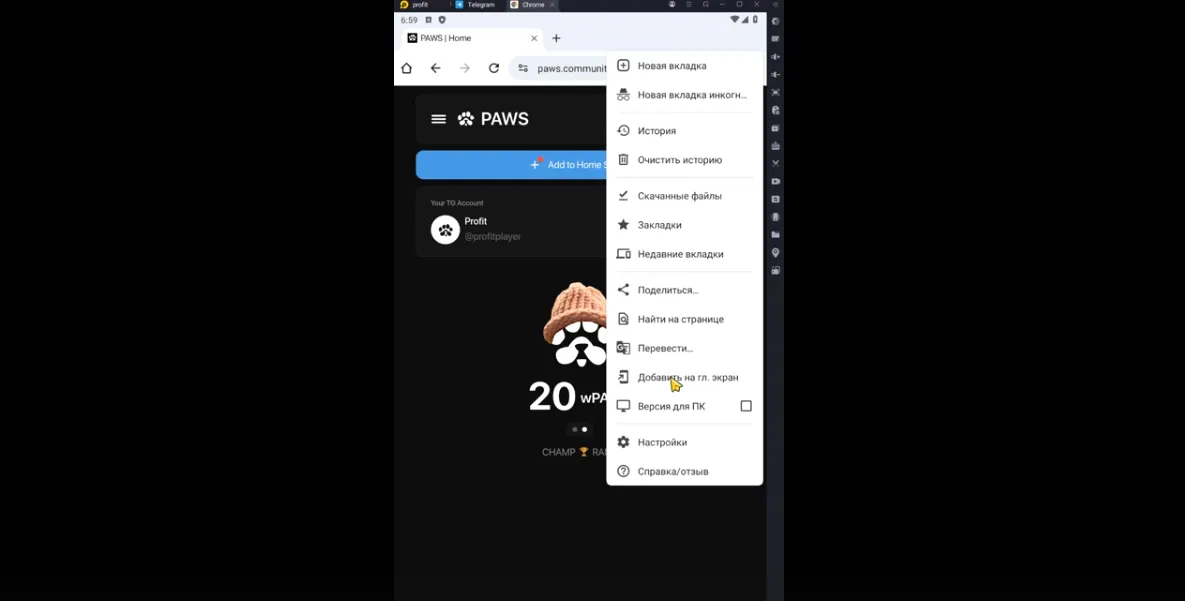 Как добавить ярлык Paws на рабочий стол эмулятора
