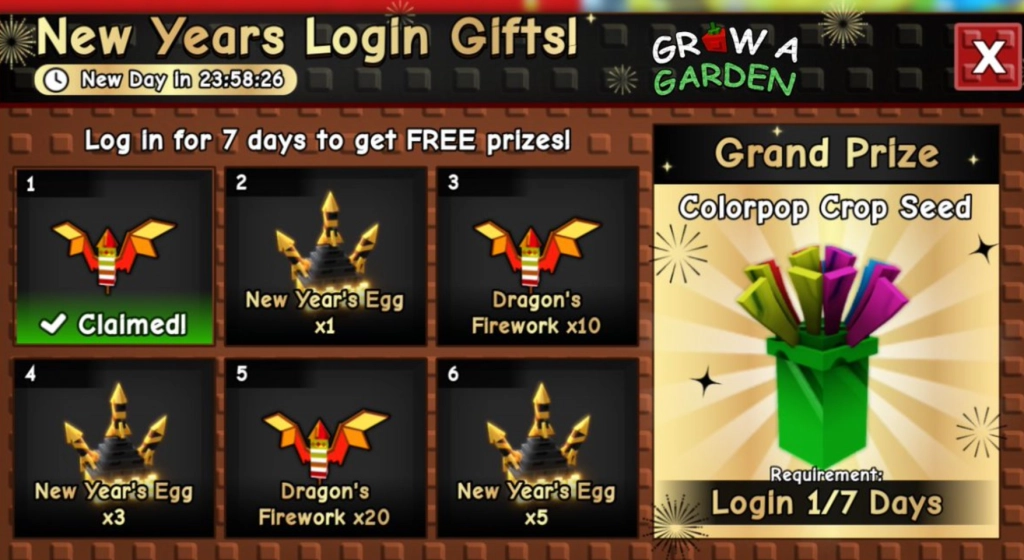 Grow a Garden 2026: Todas las recompensas gratis de Año Nuevo